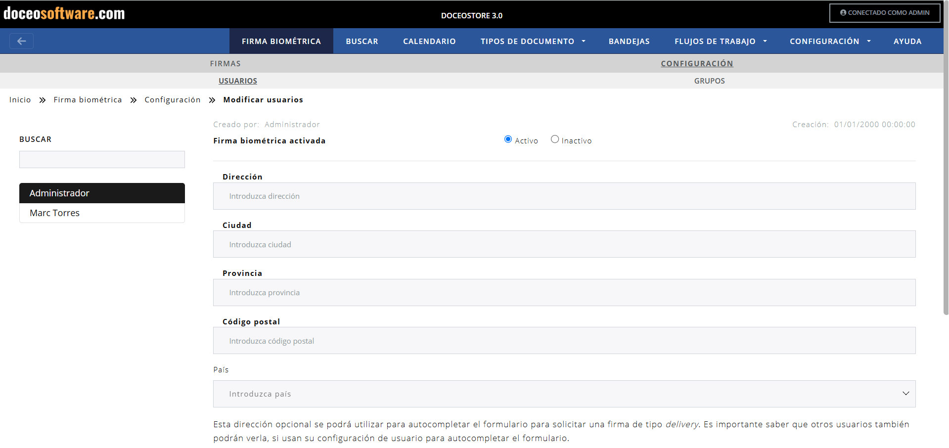 Opciones de configuración BioSign: Usuarios y grupos - portal.doceosoftware.com